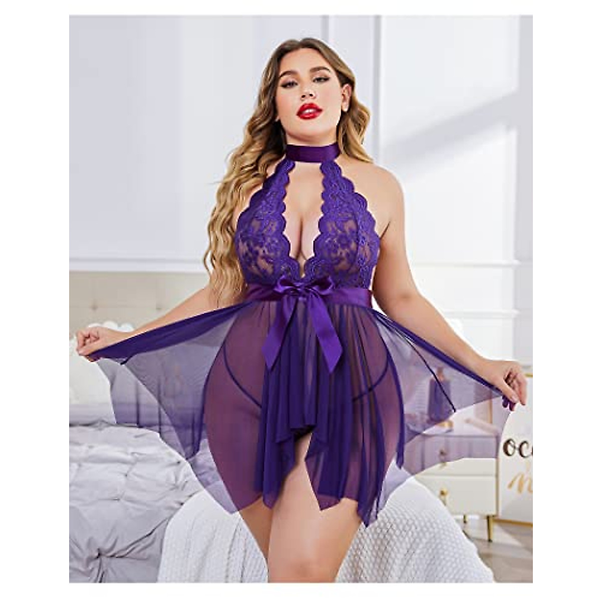 Avidlove Lace Lingerie Babydoll Women Sexy Chemise Exotic Nightgowns Bridal Nightdress Purple