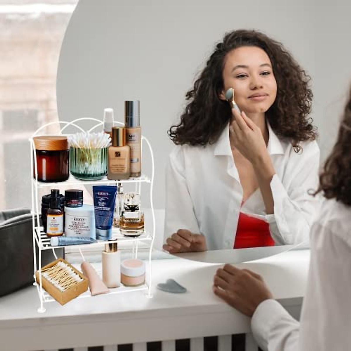 TOBEFORT Spice Rack Organizer for Cabinet, 3-Tier Expandable Countertop Seasoning Rack, Bottle Organizer and Storage for Bathroom Home Kitchen Pantry and Office, Metal, White