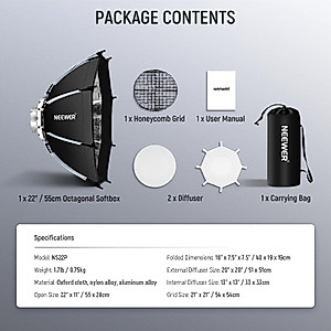 NEEWER 22"/55cm Octagonal Softbox, Quick Release Bowens Mount Softbox with Honeycomb Grid, Light Diffusers, Bag for RGB CB60 CB60B CB200B MS60B MS60C MS150B S101-300W/400W Pro Vision 4 Q4, NS22P