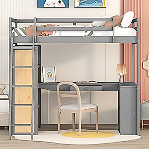 Harper & Bright Designs Loft Bed with Desk and Drawer, Wood Twin Desk,Shelves Cabinet Underneath, High Storage for Kids, Boys,Girls,Teens (Grey), Twin(Desk+Shelves+Ladder)