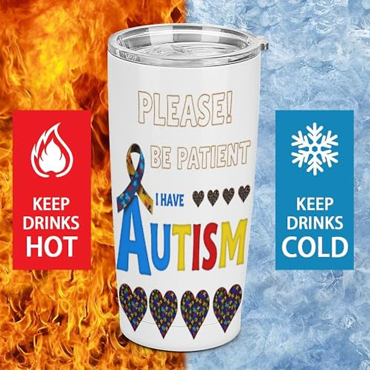 Please Be Patient I Have Autism Awareness Sign 20 OZ Stainless Steel Tumbler Travel Car Coffee Mug with Straw Lid Cleaning Brush Coffee Tumbler Mug for Women Men