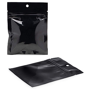 PouchWorth 50 Pack Glossy Black Mylar Nylon 4 Mil 3.5" × 4.5" Stand Up Food Pouch Zip Lock Smell Proof Bags