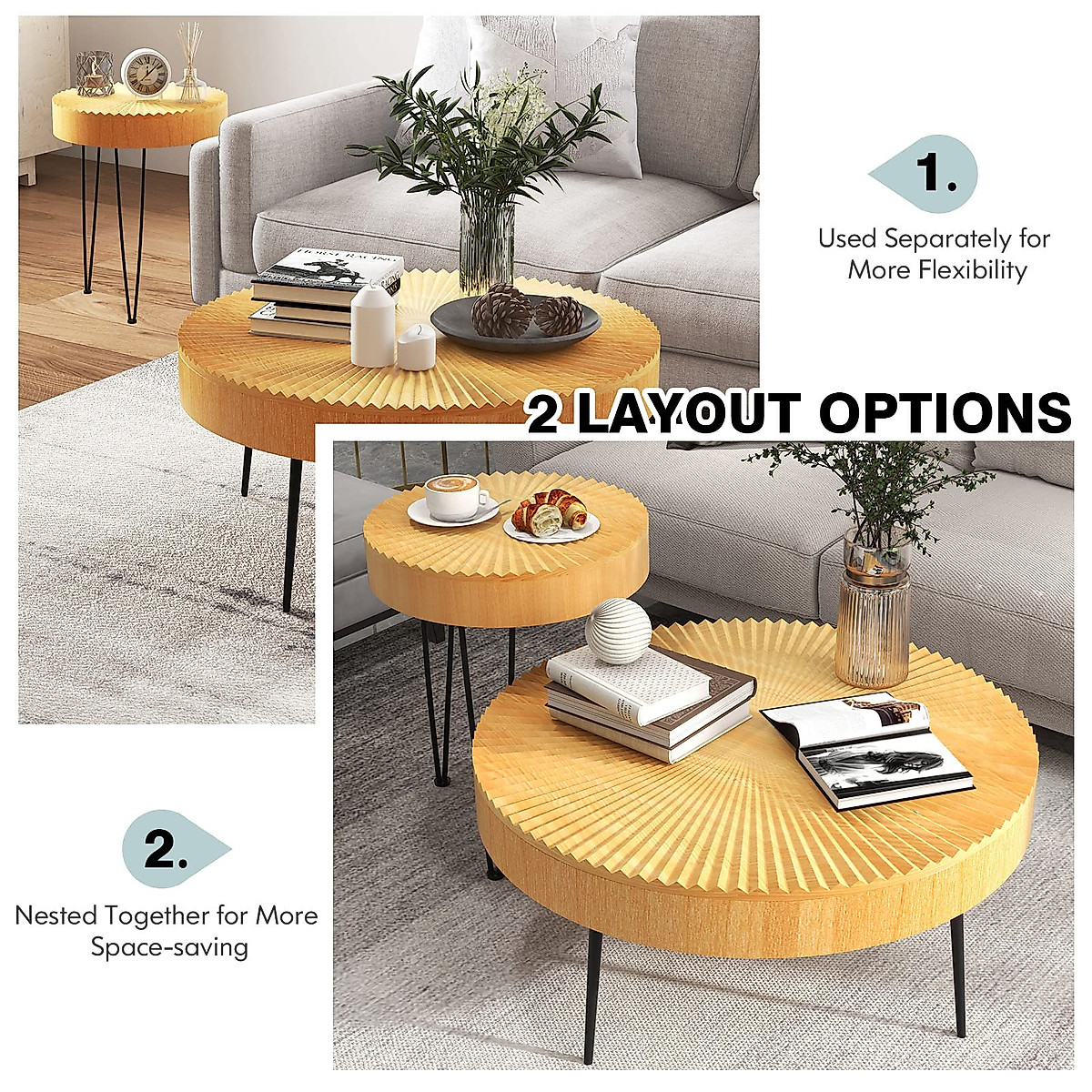 GOFLAME Round Coffee Table Set of 2, Modern Farmhouse End Tables with Natural Finish, Aesthetic Line Design, Solid Wood Nesting Side Tables for Living Room, Bedroom, Easy Assembly