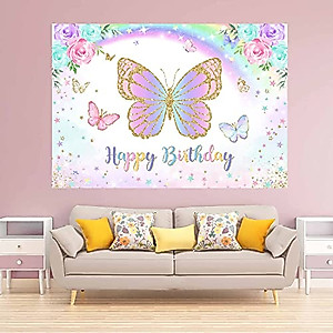 Avezano Pastel Butterfly Birthday Backdrops Girls Pink Butterfly Happy Birthday Party Background Rainbow Butterflies Bday Decorations Banner for Cake Table Supplies(7x5ft)
