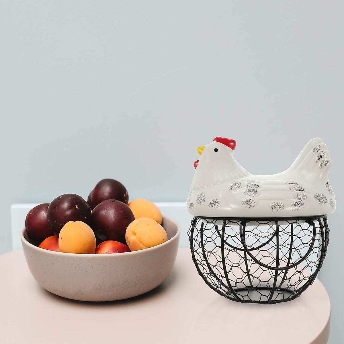 Kichvoe 1pc Egg Basket Chicken Egg Holder Basket Egg Holder Countertop Egg Storage Wire Food Snack Basket Round Chicken Egg Wicker Storage Basket Iron Basket Cover Ceramic Desk White Fruit