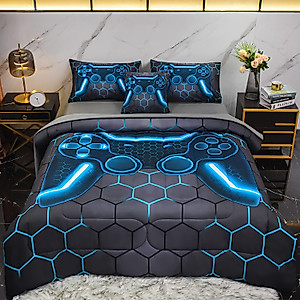 Keyroal 6Pcs Game Console Comforter Set with Sheets for Boys Girls Kids Teens, Geometric Gaming Themed Bed in A Bag Full Size, Blue 3D Video Gamer Controller Bedroom Decor Bedding Set