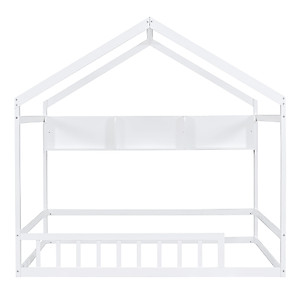 P PURLOVE Full Size House Floor Bed Frame with Storage Shelf, Full Size Montessori Floor Bed with Fence for Kids,Girls,Boys,Wood Floor House Bed with Roof for Kids,White