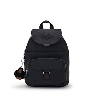 Kipling Girls' Women's Queenie, Adjustable Backpack Straps, Monkey Keychain, Key Clasp, Top Carry Handle, Black Tonal, 10" L x 13.25" H x 6.25" D