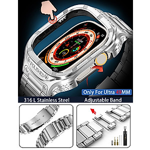 San Jeirie Stainless Steel Case and Band Compatible for Apple Watch Ultra/Ultra 2 Band 49mm,Rugged Apple Watch Ultra 1/2 Case with Metal iWatch Ultra Strap for Men (3-Silver, 49mm (Ultra 1/2))