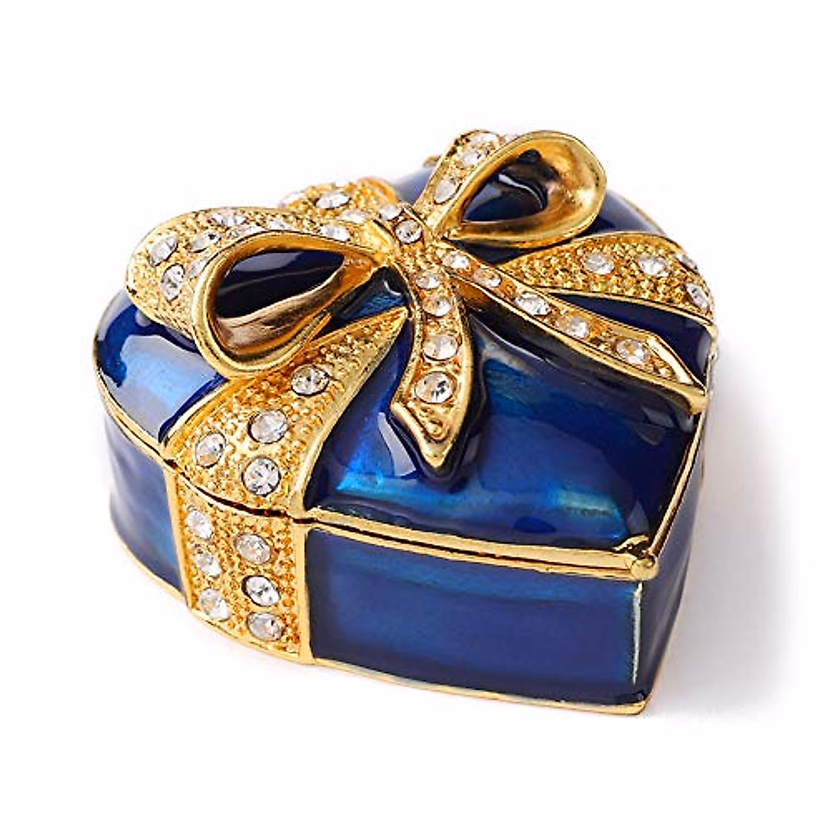 Furuida Love Heart Bow-knot Blue Jewelry Trinket Box Hand-painted Diamond Classic Ornaments Craft Gift for Birthday Thanksgiving Valentine's Day Christmas Mother's Day