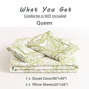 LEMIROE 100% Cotton Duvet Cover Queen Size,Botanical Design with Green Tropical Leaves on White,Beige Reversible Bed Sets 3Pcs,Button Closure