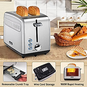 SEEDEEM Toaster 2 Slice, Stainless Steel Bread Toaster, 7 Shade Settings, 1.5'' Extra Wide Slots Toaster with Bagel, Defrost, Reheat Function, Automatic Power-off, Removable Crumb Tray, 900W, Silver Metallic