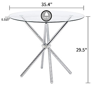 Modern Round Dining Table with Clear Tempered Glass Top, 4 Chrome Legs Kitchen Table for 2 or 4 Person,Round Dining Table Furniture for Home Office Kitchen Dining Room(W 35.4 x L 35.4 x H 29.5 inch)