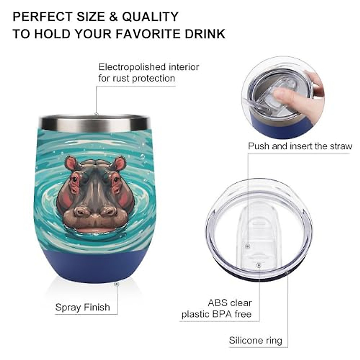 OPTKSNCU 304 Stainless Steel Insulated Cup with Lid, Cute Hippopotamus Print Print Durable, And Easy to Clean – Ideal for Home, Office, And Gift Giving