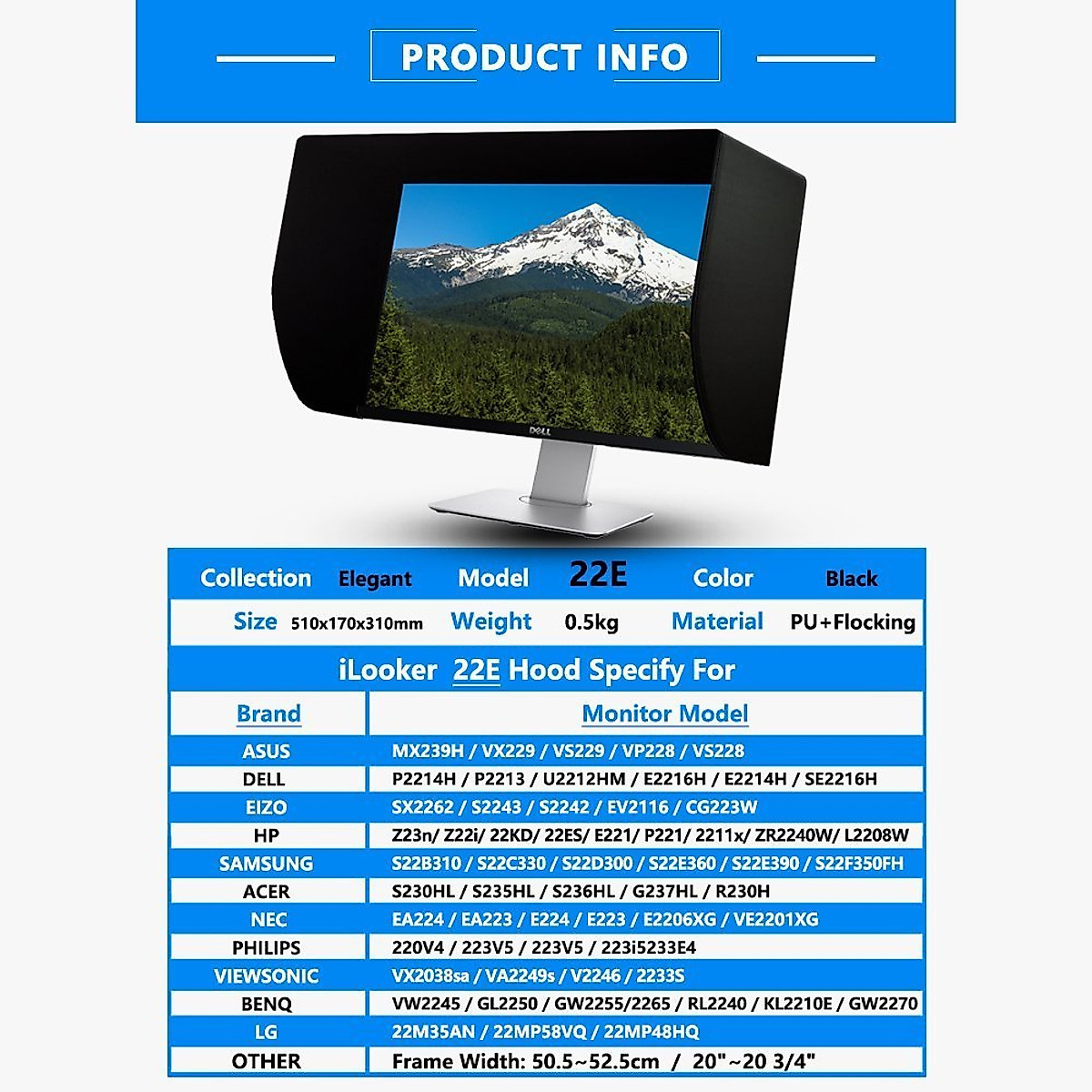 iLooker 22E 21~22 inch LCD LED Video Monitor Hood Sunshade Sunhood for Dell HP Viewsonic Philips Samsung LG EIZO NEC ASUS ACER BENQ AOC Lenovo, Fits Monitor Frame Width 505-525mm