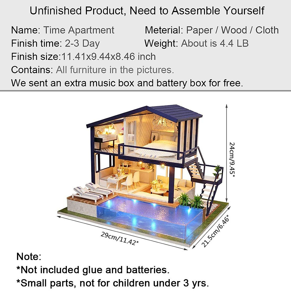DIY Miniature Dollhouse Kit,UniHobby Time Apartment DIY Dollhouse Kit with Wooden Furniture Light Gift House Toy for Adults