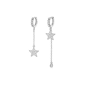 SLUYNZ 925 Sterling Silver CZ Star Dangle Hoop Earrings for Women Asymmetric Star Earrings Chain (A-Silver)