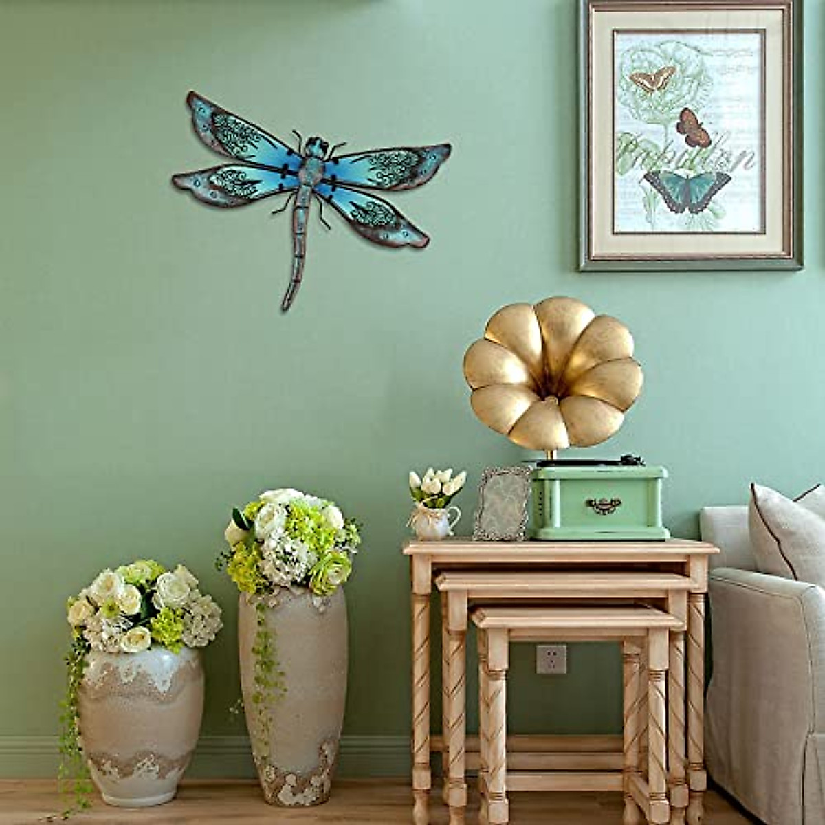 LIFFY Metal Dragonfly Wall Decor - Outdoor Wall Decor Garden Dragonfly Decor for Patio - Dragonfly Metal Wall Art for Living Room, Bedroom, Dragonfly Gifts(14inch, Metal&Glass)