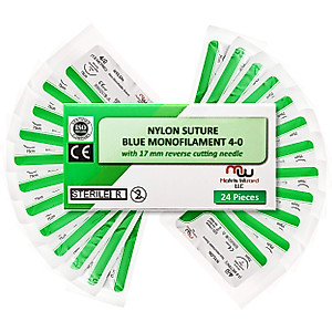 4-0 Sterile Suture Threads with Needle (24 PK Nylon) - Camping Survival Demo, Military Tactical Drill, Clinic Rotation Suturing, First Aid Travel Safety, Taxidermy, Veterinary Use