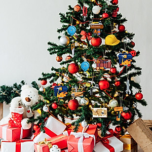 Suzile 36 Pcs Christmas Construction Tools Ornament Wooden Hanging Handyman Belt Board Wood Axe Plier Hammer Tool Christmas Tree Ornament for Xmas Party Holiday Decor