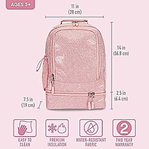 Bentgo® Kids 2-in-1 Backpack & Insulated Lunch Bag - Glitter Designed 16” Backpack for School & Travel - Durable, Water Resistant, Padded, & Large Compartments (Glitter Edition - Petal Pink)