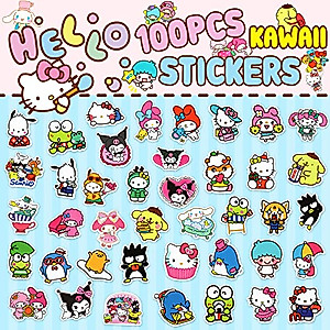 100Pcs Cute Kawaii Stickers for Teens, Cartoon Water Bottle Stickers, Waterproof Vinyl Japanese Anime Sticker Pack for Kids Girls Laptop, Phone, Luggage, Skate, Guitar, Helmet