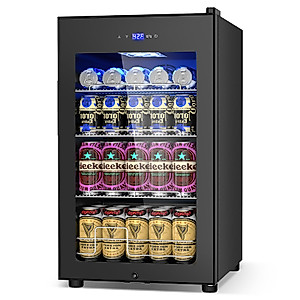 Beverage Refrigerator and Cooler Freestanding, 96 Cans Mini Fridge with glass door and Lock, Small Drink Fridge for Soda, Beer, Wine, For Home Bar Office with LED Light, with Adjustable Thermostat