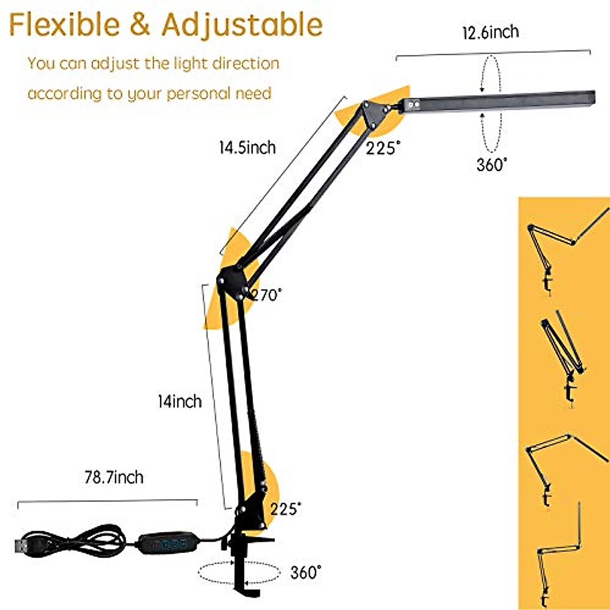 LED Desk Lamp, Adjustable Swing Arm Lamp with Clamp, Eye-Caring Reading Desk Light, 10 Brightness Levels, 3 Lighting Modes, Memory Function Desk Lamps for Home Office with Adapter (Black)