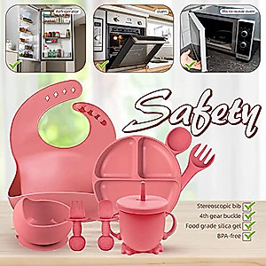 MAXTIL 8 Pcs Baby LED Weaning Supplies, Silicone Baby Feeding Set Silicone Suction Plates For Baby And Baby Bowl with Straw and Lid Baby Feeding Supplies Set