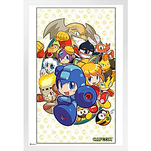 Mega Man Chibi Art Video Game Video Gamer Classic Retro Vintage 90s Gaming MegaMan Capcom Legacy Collection Megaman 11 Mega Man X Dr Wily White Wood Framed Poster 14x20