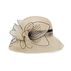 Organza Fascinator Tea-Party Derby-Hats for Women - Flower Wide Brim Church Sunday Sun Hat (US, Alpha, Medium, Beige)