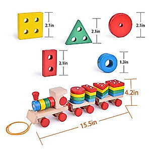 FUN LITTLE TOYS Stacking Train, Shape Sorter Wooden Toys(23 pcs), Sorting & Stacking Toys for Toddler 2-3, Montessori Toys for 1 2 3 Year Old Boy Girl Gifts, Kids Wooden Train Toy
