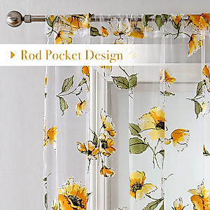 BROSHAN Sheer Curtains Yellow Flowers 1 Set of 2 Panels, Spring Beautiful Flower Voile Tulle Sheer Print Curtain Panels for Bedroom Living Room Window Treatments
