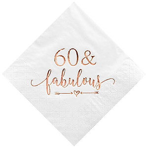 Crisky 60 and Fabulous Cocktail Napkins Rose Gold for Women 60th Birthday Decorations, 60th Birthday Bevergae Dessert Table Supplies, 50Pcs, 3-Ply
