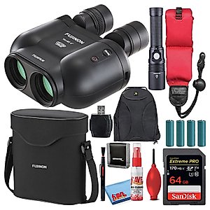 Fujifilm Fujinon 14x40 TSX1440 Techno-Stabi Image-Stabilized Binoculars (Black) (16668012) Bundle with SanDisk 64GB Extreme PRO SD Card + Flashlight + Backpack + Floating Strap + Cleaning Kit