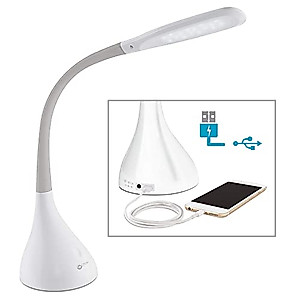 OttLite LED Desk Lamp with Adjustable Neck, Creative Curves (White/Grey) - 2.1A USB Charging Port, 4 Dimmable Brightness Settings, Energy-Efficient Natural Daylight LEDs for Home, Office & Dorm