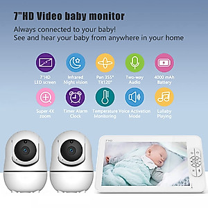 GUAZI STORE Baby Monitor, 7-inch Large Screen,Baby Monitor with Camera Audio Split Screen, Rotating Camera, Two-Way Talk, Temperature Monitoring,Baby 2 Camera,Automatic Night Vision, Lullaby.…