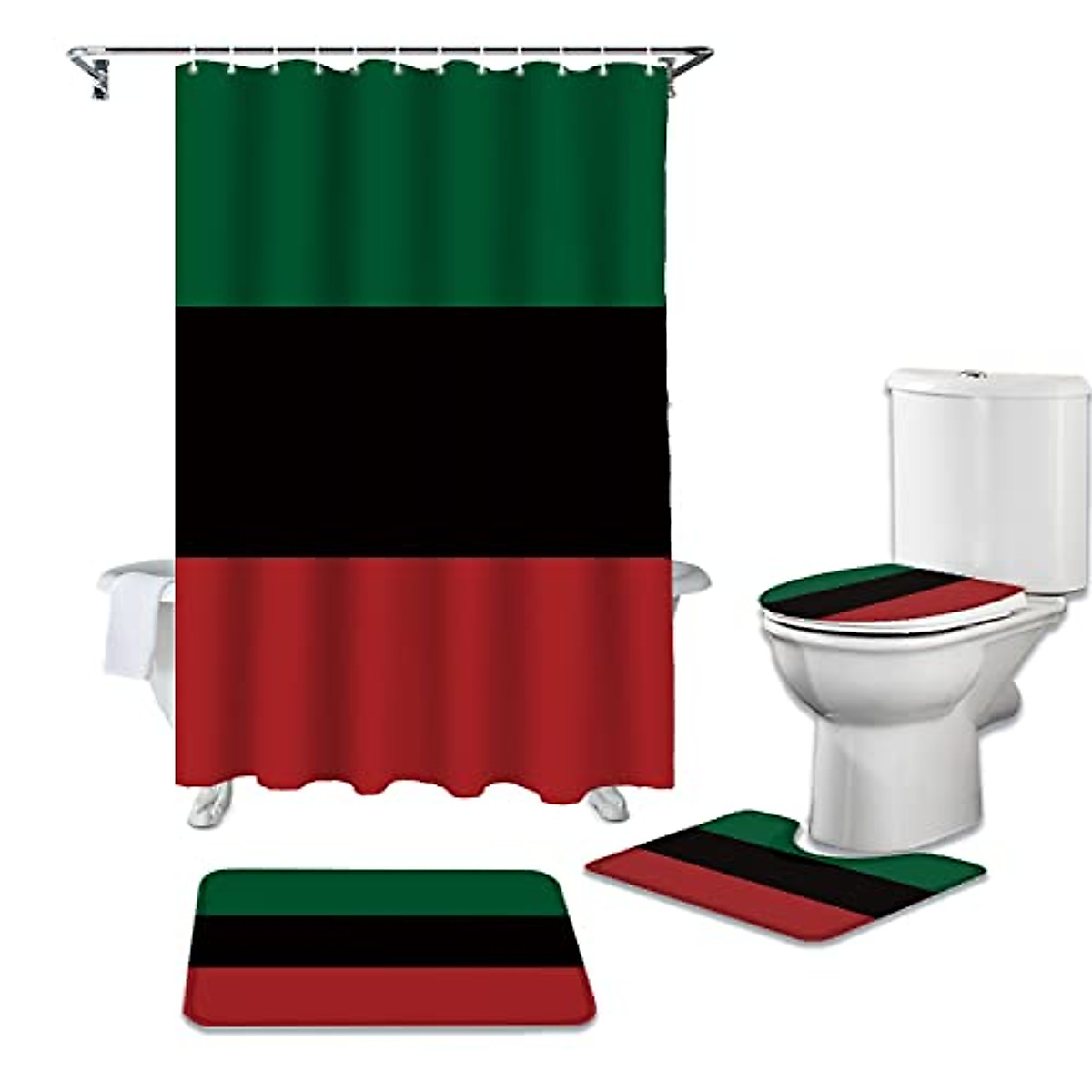 Shower Curtain Set with Bathroom Rugs and Mats Independence Day USA Flag Black Red Green Stripe Bathroom Rugs Set 4 Piece, Non-Slip Rugs,Toilet Lid Cover Bath Mat, Waterproof Shower Curtain for Tub