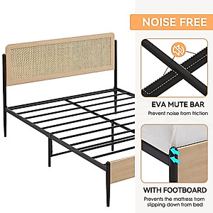 GarveeHome Queen Size Bed Frame with Rattan Headboard, Rattan Queen Platform Bed Boho Style with Strong Metal Slats Support, Under Bed Storage, Noise-Free, No Box Spring Needed, Light Oak