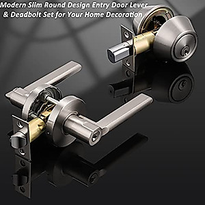 Front Door Entry Lever with Double Cylinder Deadbolts Combination Set, Satin Nickel Finish, Keyed Alike Exterior Entrance Lever Door Handle Set for Front/Back Gate Door, Pack of 2