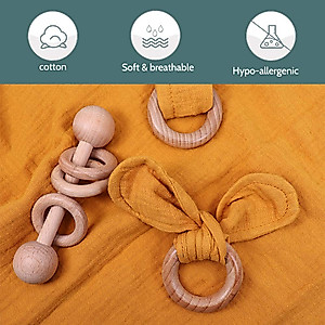 Baby Lovey, Wood Rattle, Teether Ring, 3 Pack Montessori Gift, Ginger, 100% Cotton, Double Gauze, Baby Girl Shower Gift