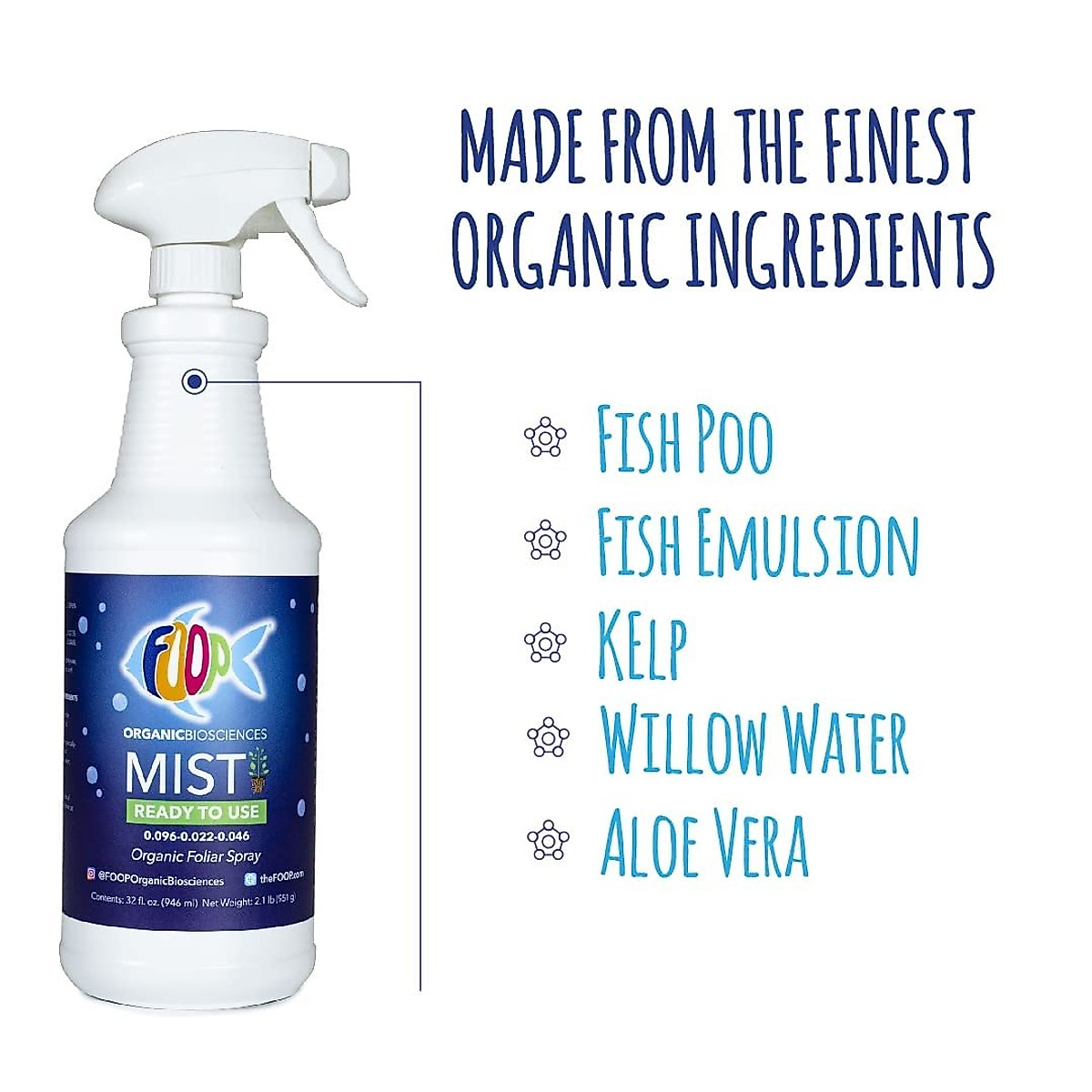 FOOP Mist - Organic Foliar Spray Made from Fish Manure (with Fresh Minty Scent) | Corrects & Prevents Plant Nutrient Deficiencies | Ready to Use, No Mixing Required (32oz)