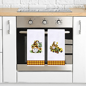 Set of 2 Sunflower Gnome Kitchen Dish Towel 18 x 28 Inch, Seasonal Spring Summer Buffalo Plaid Sunflower Truck Tea Towels Dish Cloth for Cooking Baking