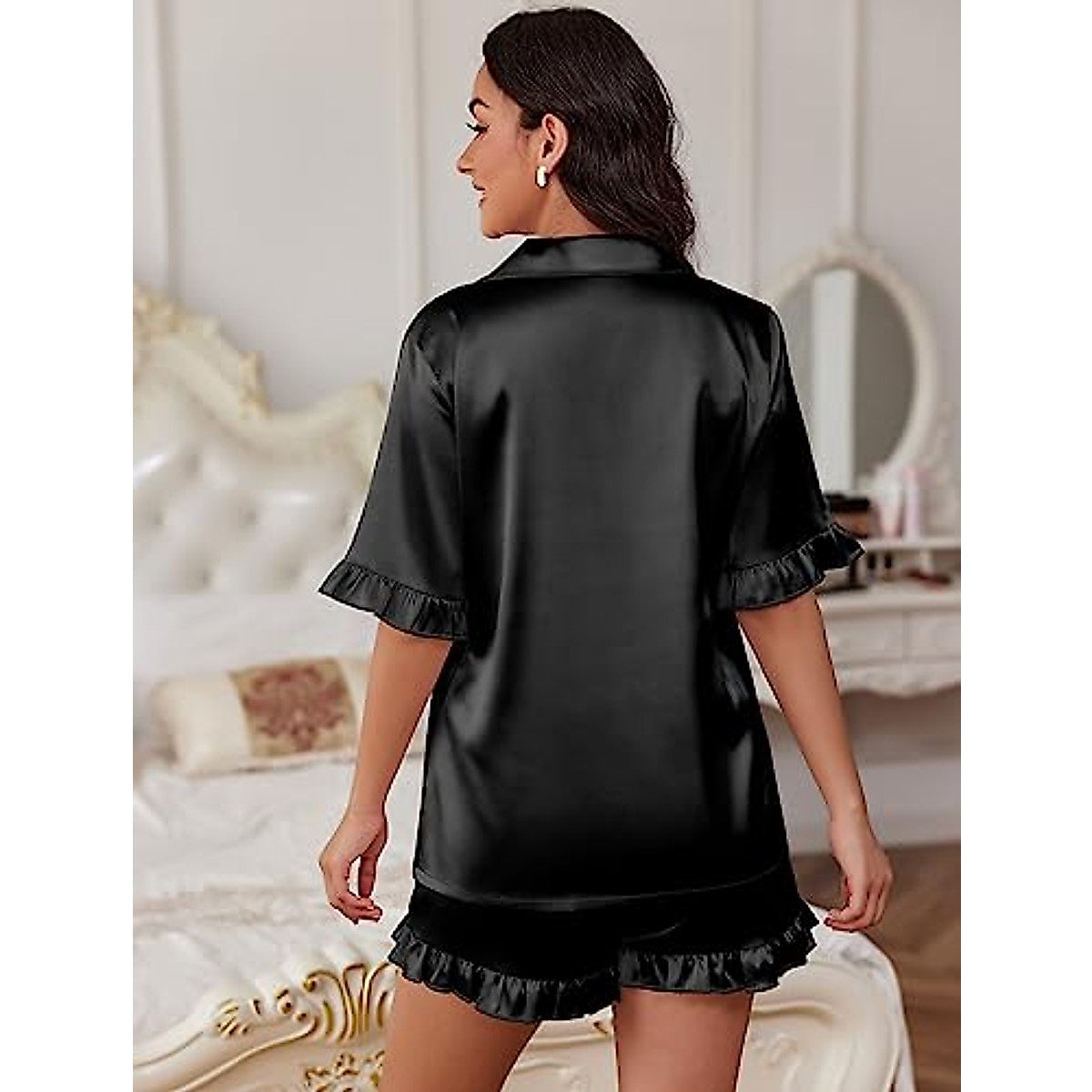 Ekouaer Satin Pj Set Womens Short Sleeve Pajamas Silk Button Down Sleepwear 2 Piece Lounge Set Black,S