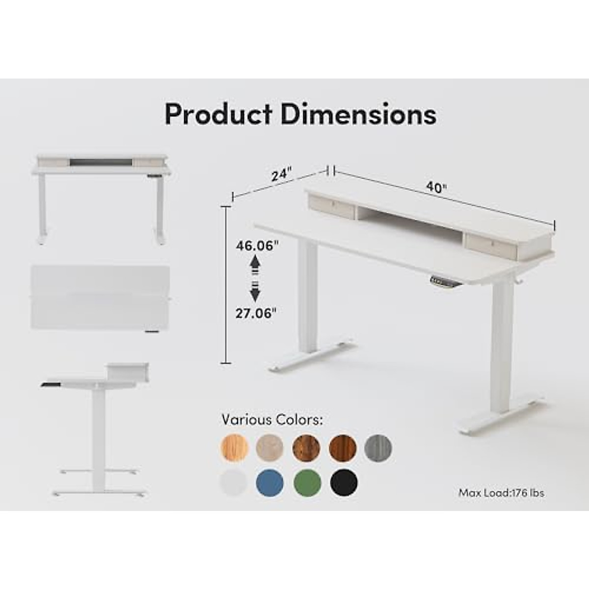 BANTI 40x24 Inch Electric Standing Desk with Double Drawers, Adjustable Height Stand Up Desk, Sit Stand Home Office Desk with Storage Shelf, White Top
