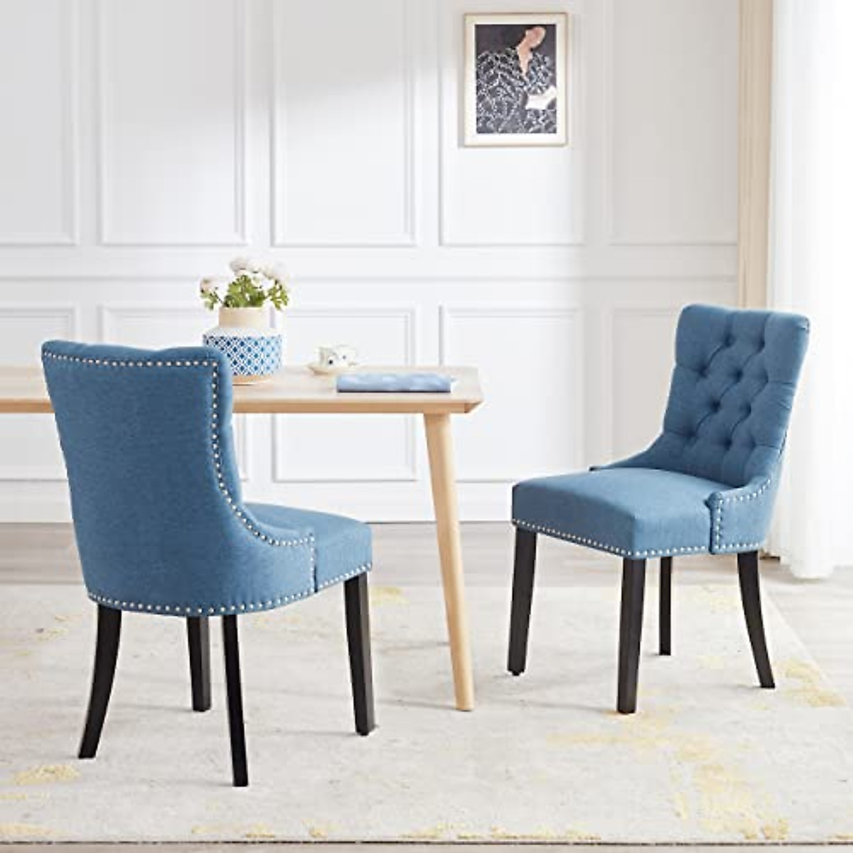 Kingfun Dining Chairs Set of 2, Upholstered Tufted Kitchen&Dining Room Chairs, Modern Accent Chairs Side Chair for Dinner Table/Waiting Room, Padded Nailhead Fabric Parsons Chairs(Solid Wooden, Blue)