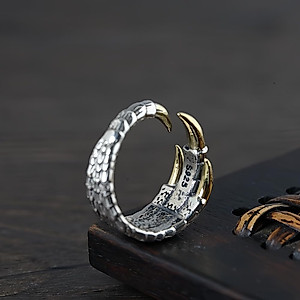 Two Tone 925 Sterling Silver Eagle Claw Ring Punk Jewelry for Men Open Adjustable