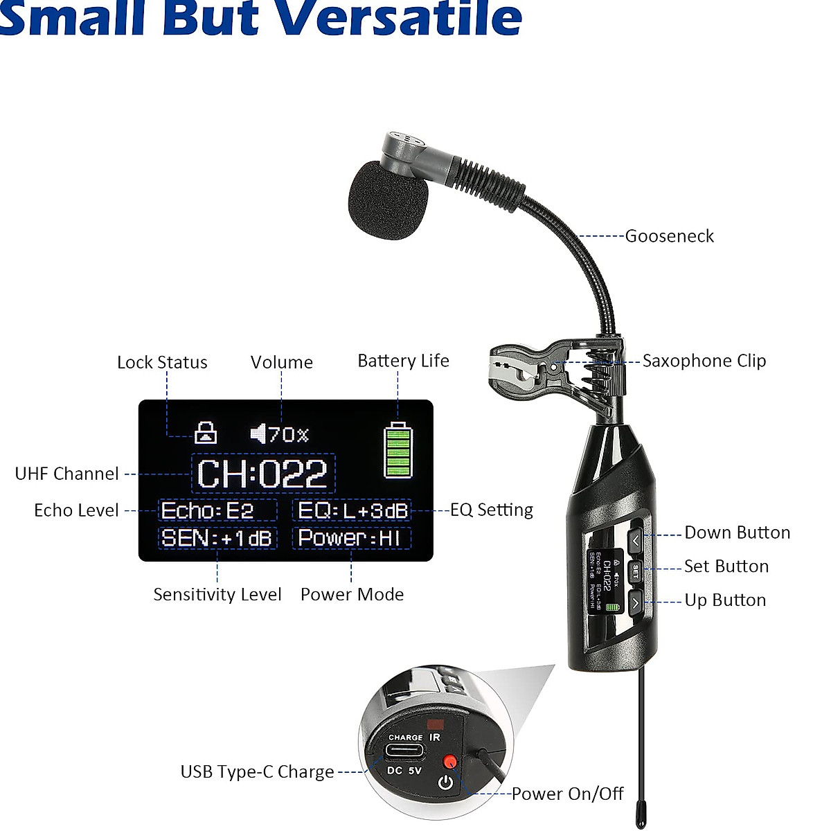 SGPRO Wireless Saxophone Microphone System, Clip-On Instrument Microphone for Sax and Trumpet, Preset EQ & Echo Level 196 Ft Transmission Rechargeable Compact Transmitter and Receiver 4.5 Hours