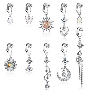 FINREZIO 10PCS Fake Belly Ring for Women Stainless Steel Clip on Belly Button Rings Dangle Navel Rings CZ Opal Evil Eye Moon Butterfly Non Piercing Fake Belly Piercing Jewelry