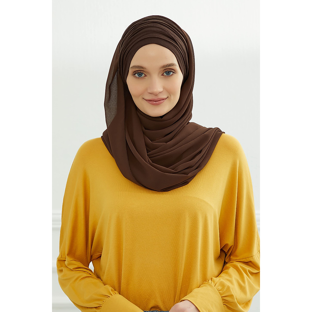 Aisha's Design Pre-tied Cotton Turbans for Women with Chiffon Shawl, Instant Scarf Hijab Stylish Design, Brown - Brown